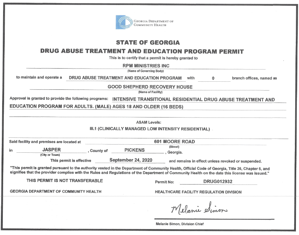 State License – Good Shepherd Recovery House