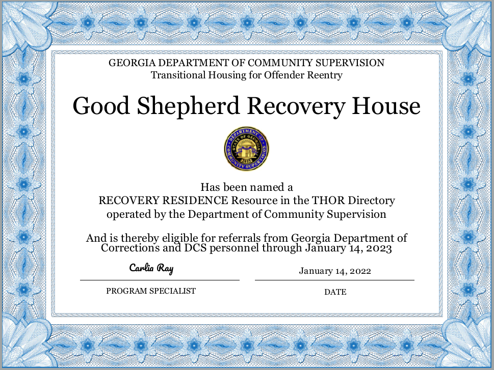 THOR Approval – Good Shepherd Recovery House
